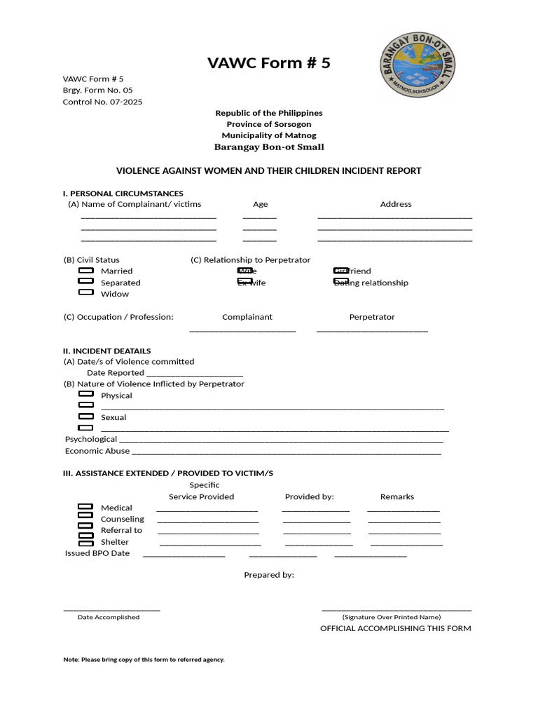 VAWC Incident Report Form Template | PDF | Violence | Injustice