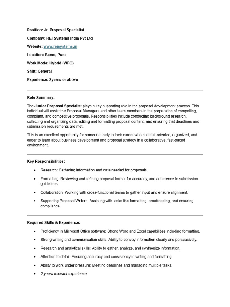 Jr. Proposal Specialist - JD | PDF