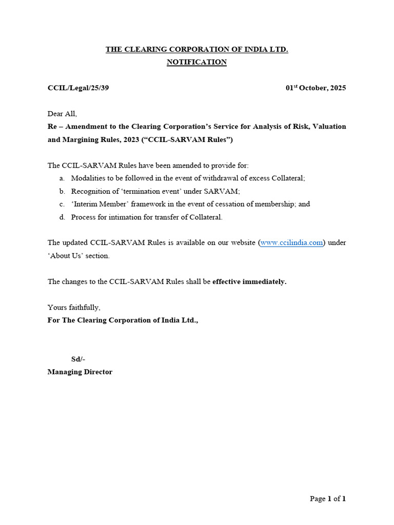 Amendment to CCIL-SARVAM Rules 2023 | PDF