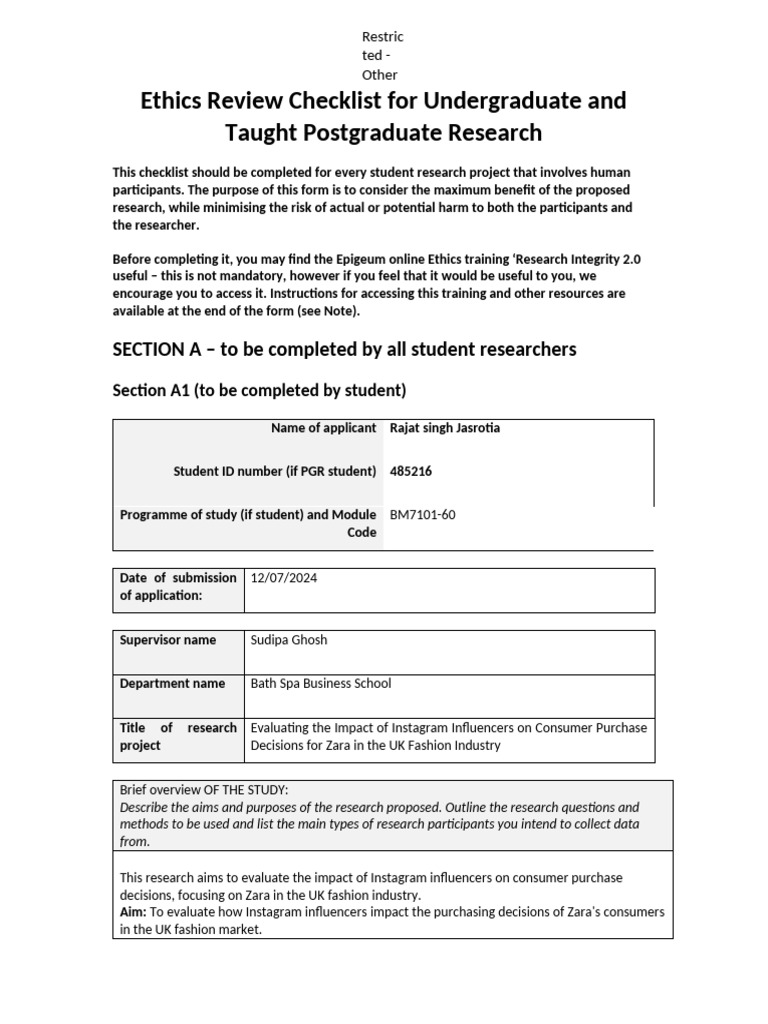 New Ethics Review Checklist For Undergraduate and Taught Postgraduate ...