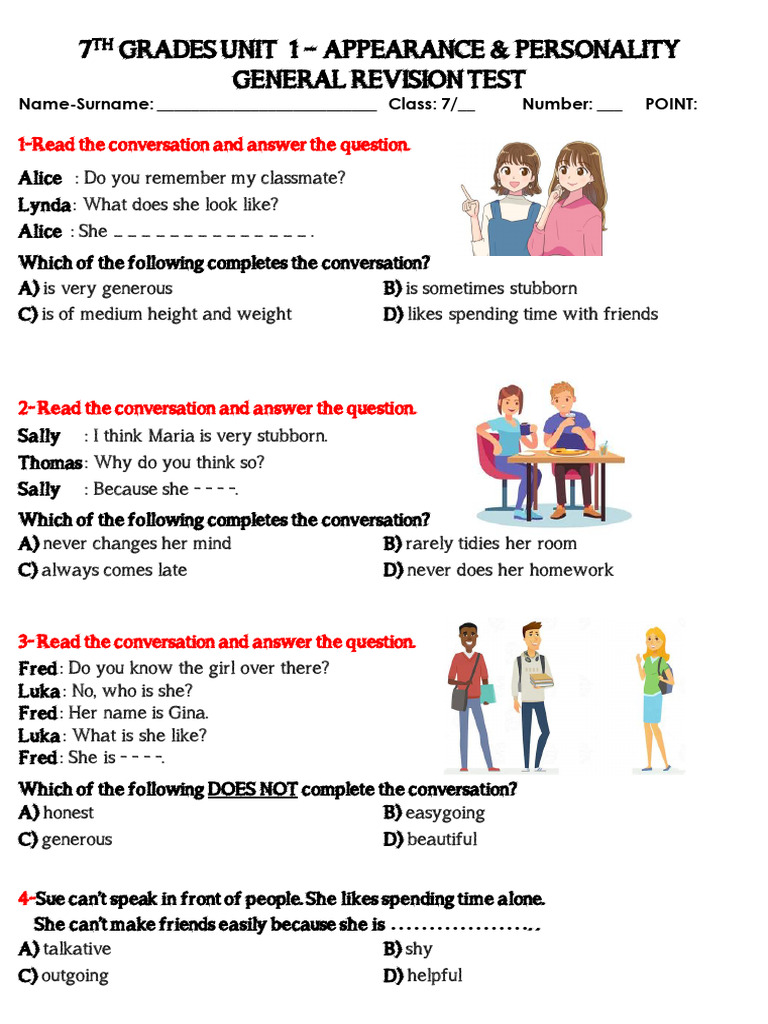 7th Grades Unit 1 Revision Test | PDF