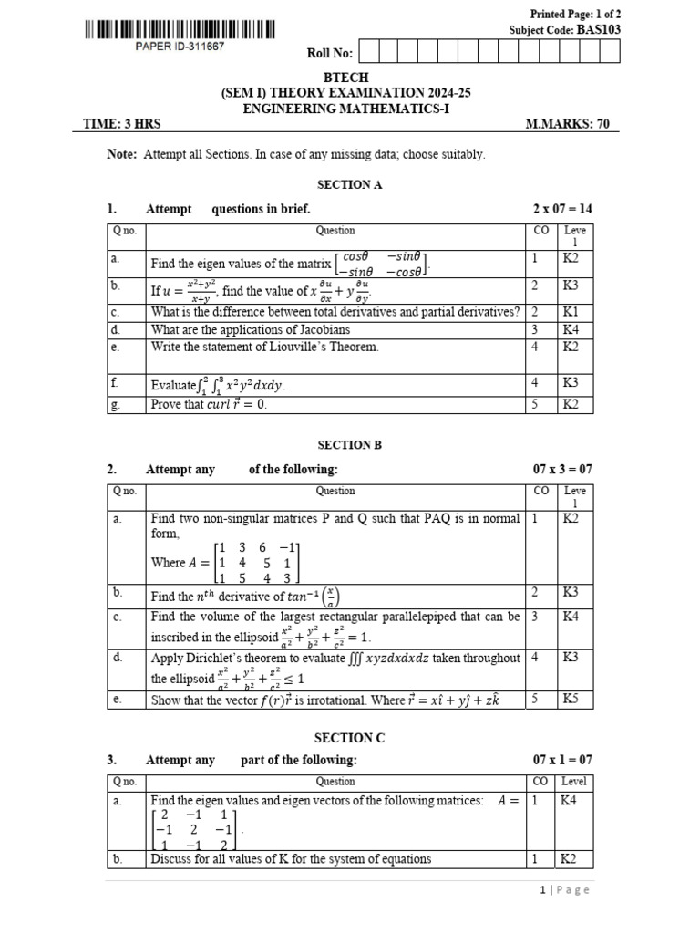 Engineering Mathematics 1-BAS103 | PDF | Eigenvalues And Eigenvectors | Matrix (Mathematics)