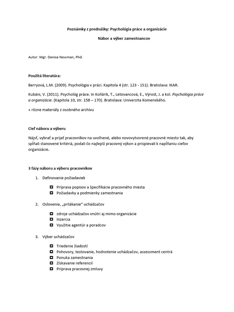 POZNAMKY Prednaska 4 Nabor A Vyber Zamestnancov | PDF