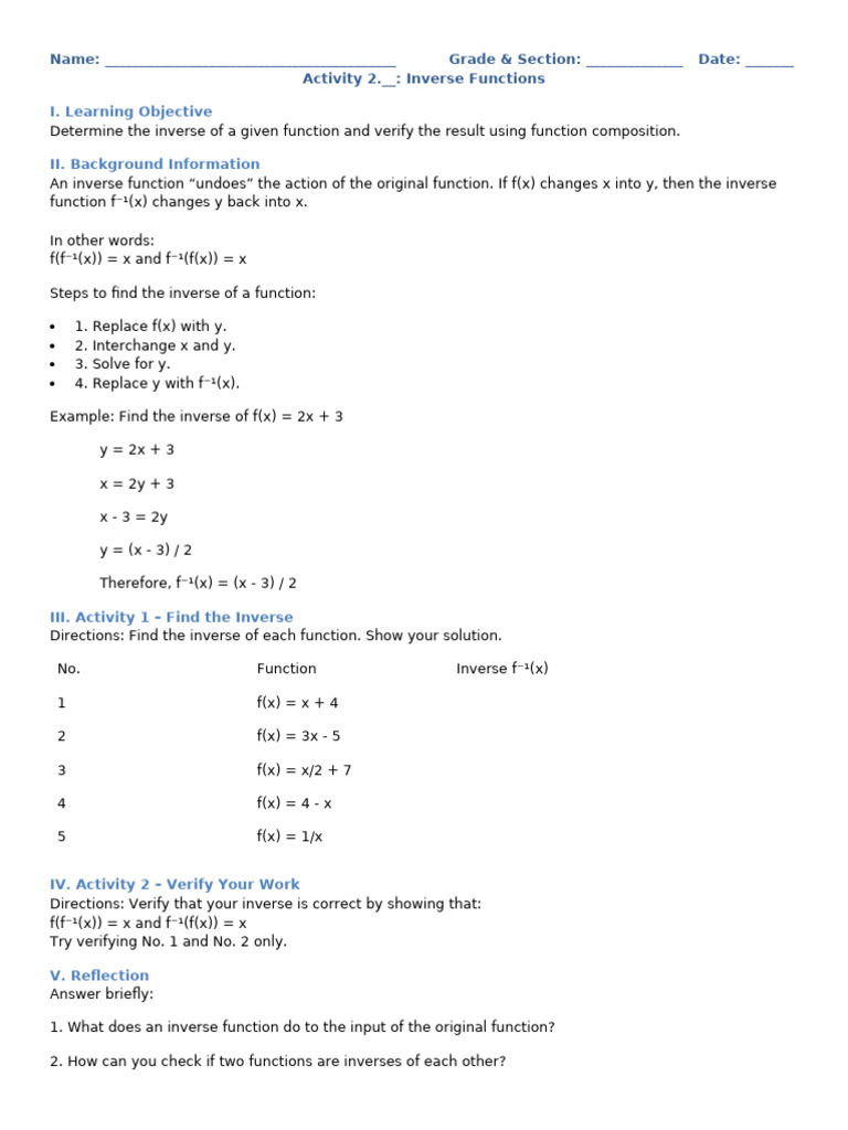 Inverse Function Worksheet Grade10 | PDF