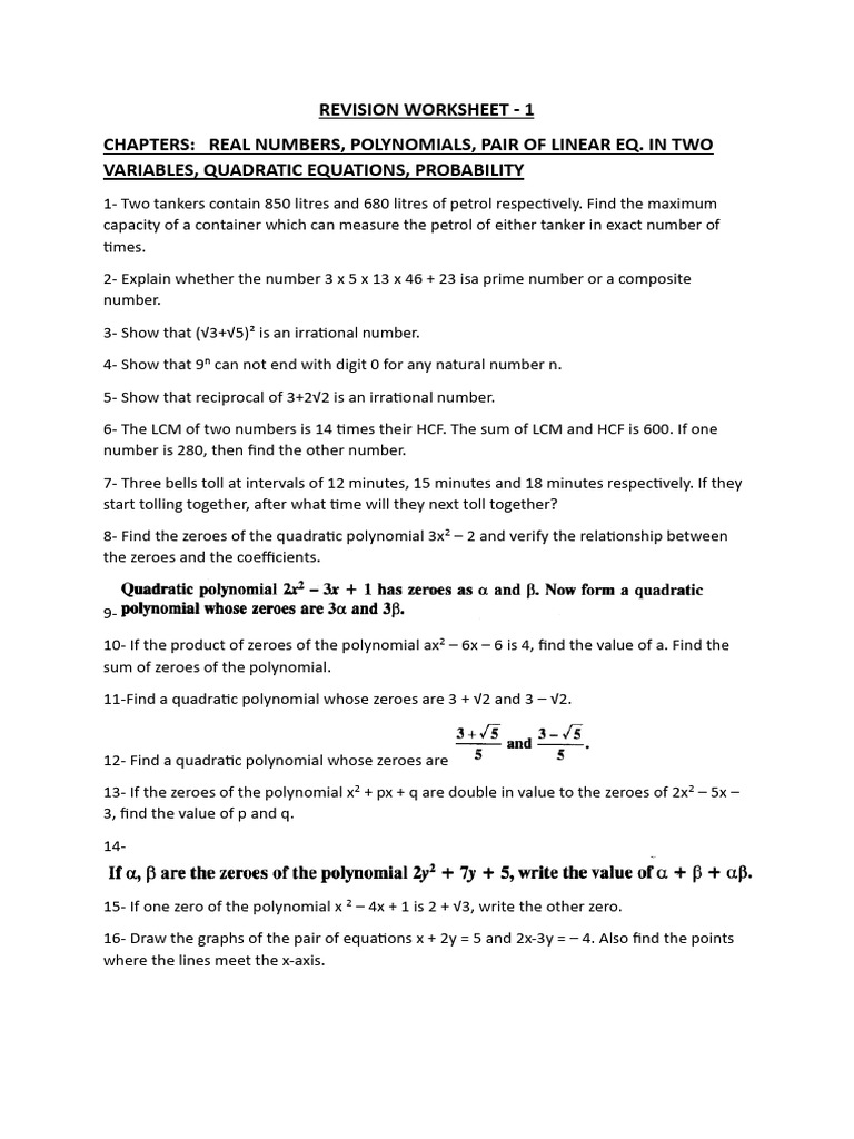 Revision Worksheet 1 Grade 10 | PDF | Polynomial | Probability