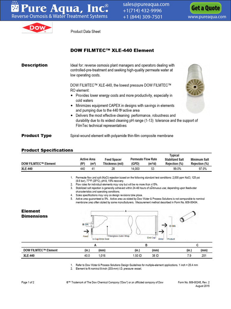 DOW FILMTEC XLE-440 RO Element Guide | PDF | Membrane | Industrial ...