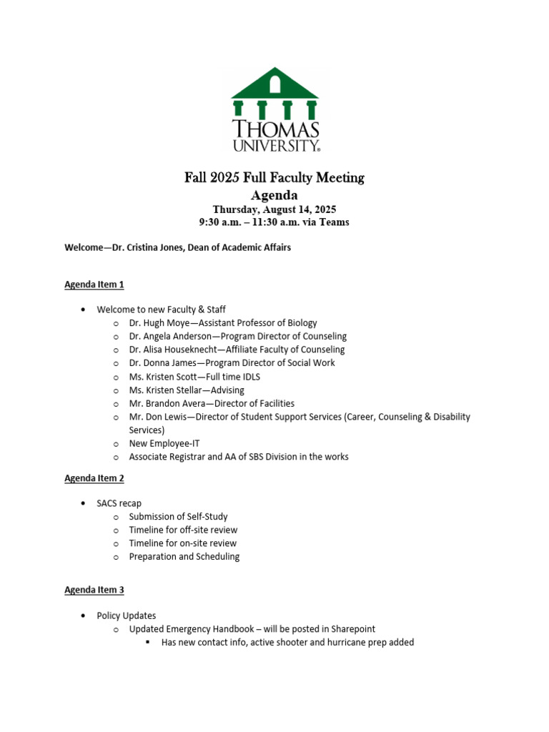 Full Faculty Meeting Agenda Fall 2025 | PDF