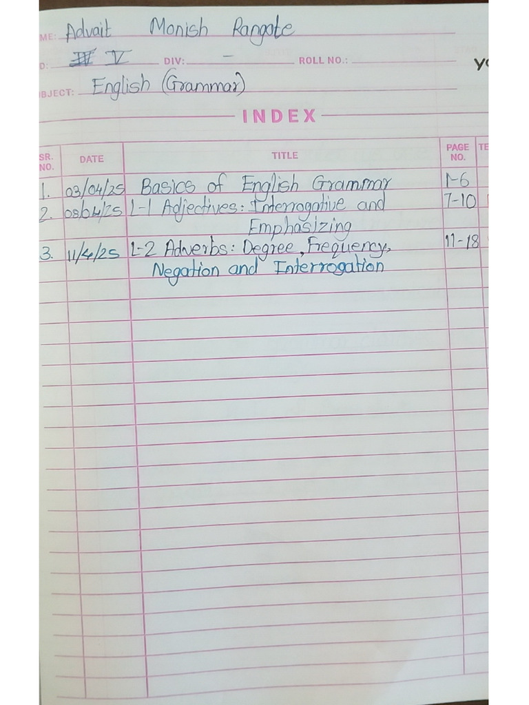 Std.5 English Grammar Notebook | PDF