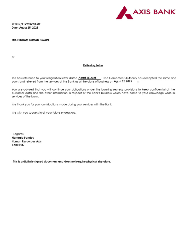 Relieving Letter from Axis Bank | PDF