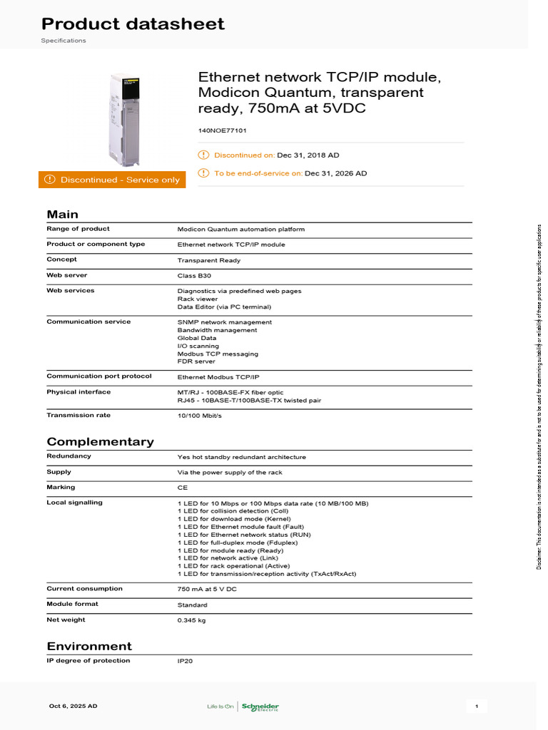 Discontinuation Notice for 140NOE77101 | PDF | Ethernet | Transmission ...