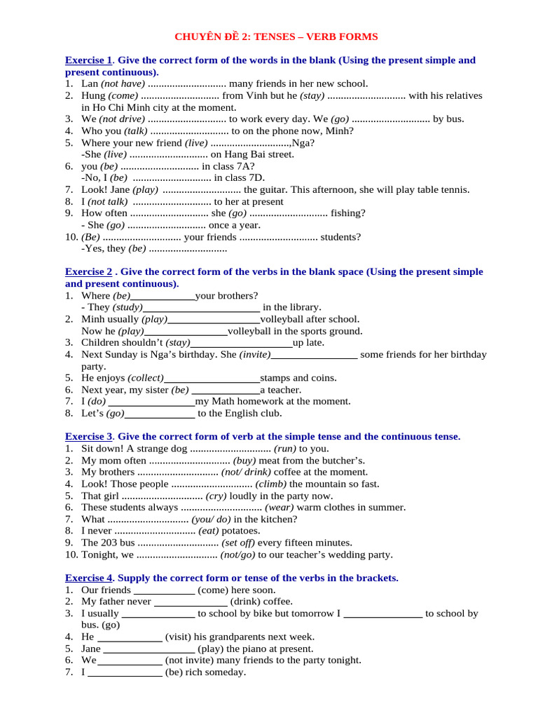 Tenses and Verb Forms Exercises | PDF