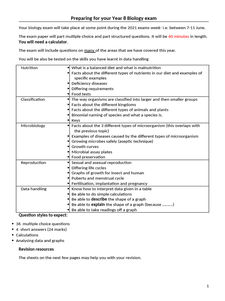 Year 8 Biology Exam Preparation Guide | PDF | Carbohydrates | Virus