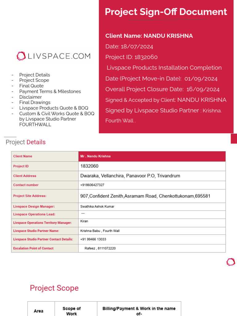 Livspace Project Sign-Off for Nandu Krishna | PDF