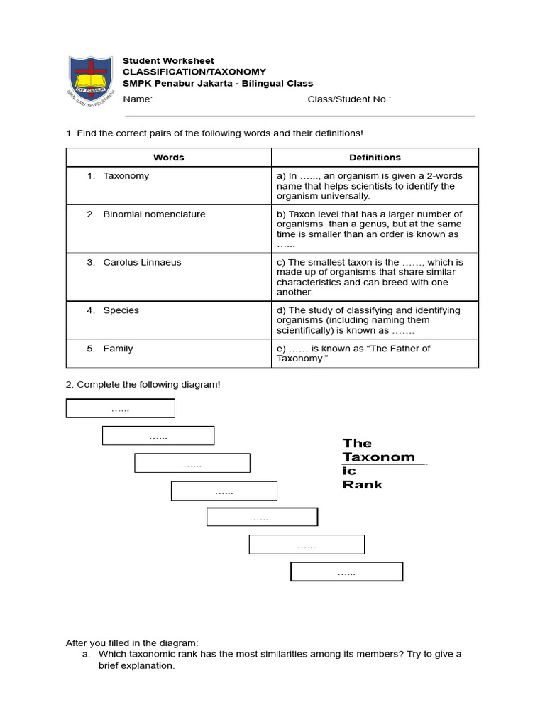 Worksheet Taxonomy | PDF | Taxonomy (Biology) | Taxon