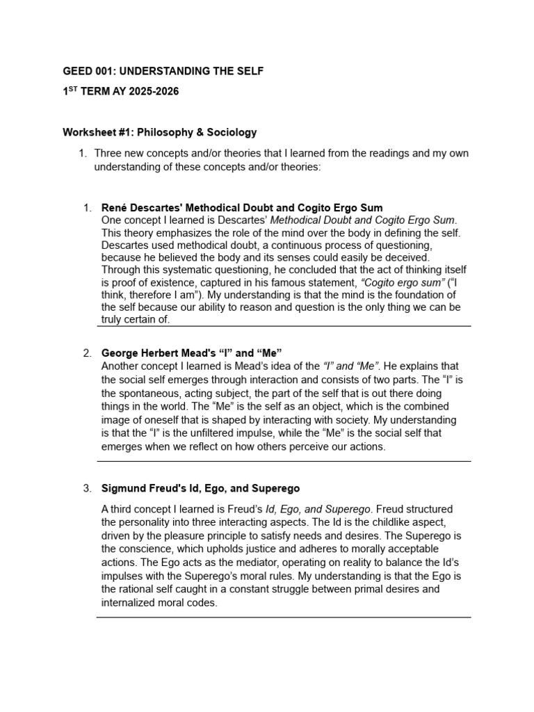 Worksheet 1 | PDF | Metaphysics | Psychological Concepts