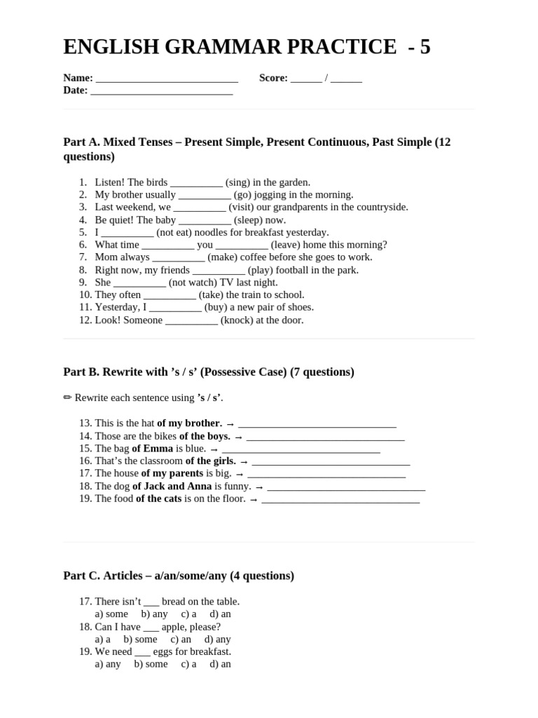 ENGLISH GRAMMAR PRACTICE -5 | PDF | Linguistic Morphology | Grammar
