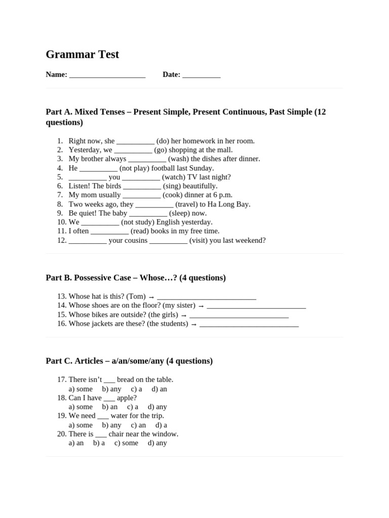 Grammar Test | PDF | Linguistics | Syntax