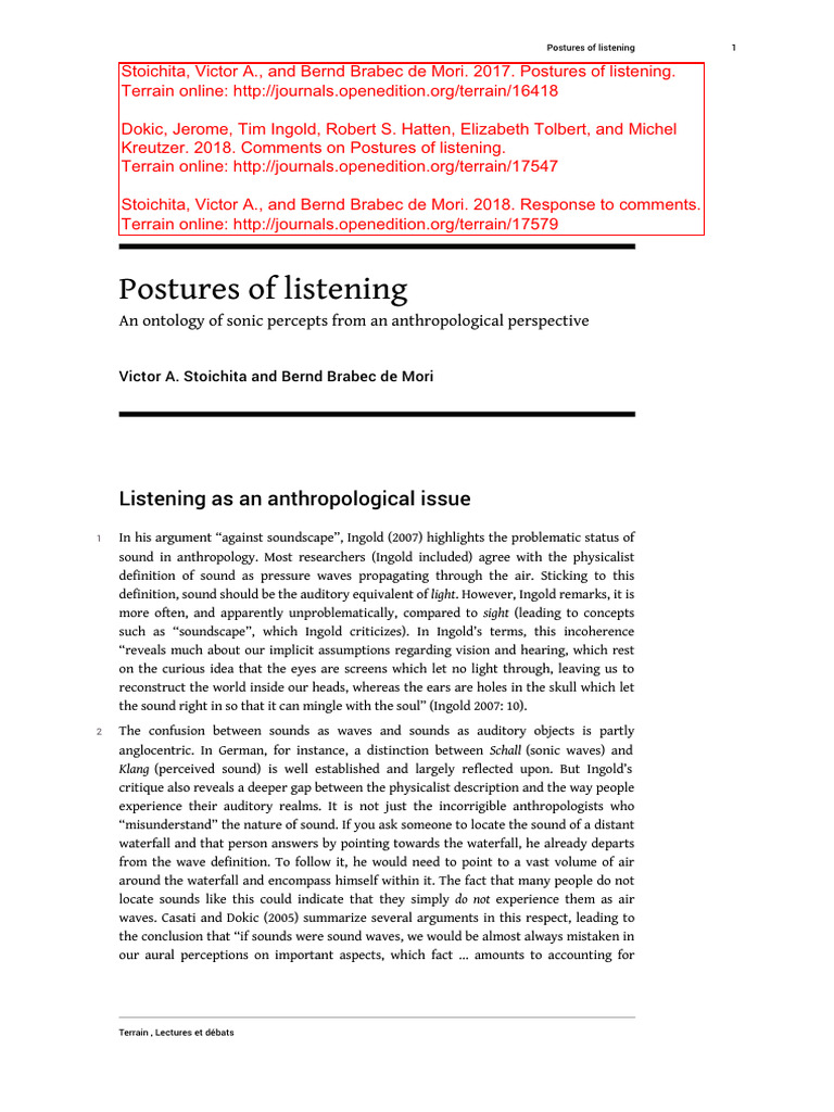 [Debate] STOICHITA, V. a.; De MORI, B. B. Postures of Listening. Na ...