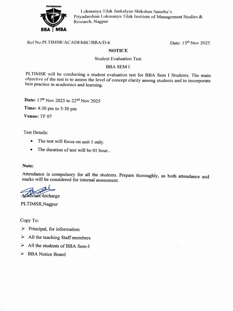 BBA Unit Test - Notice | PDF