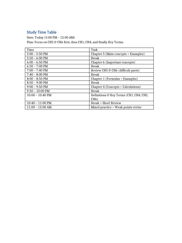 Study Time Table | PDF
