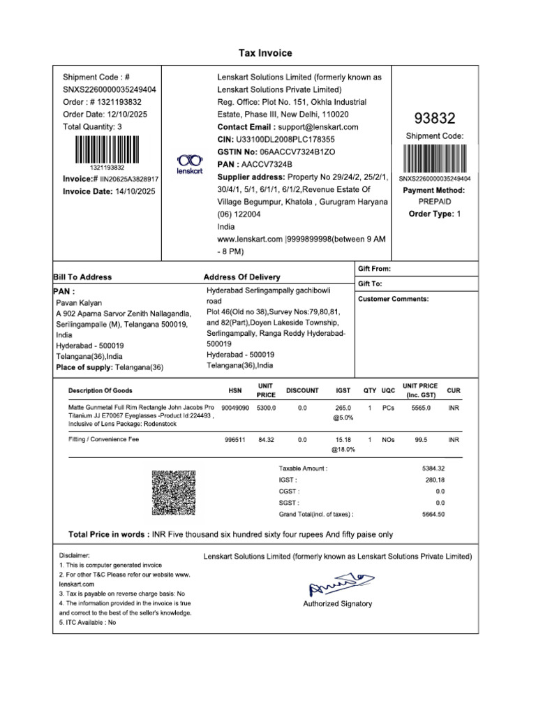 Lenskart Bill | PDF