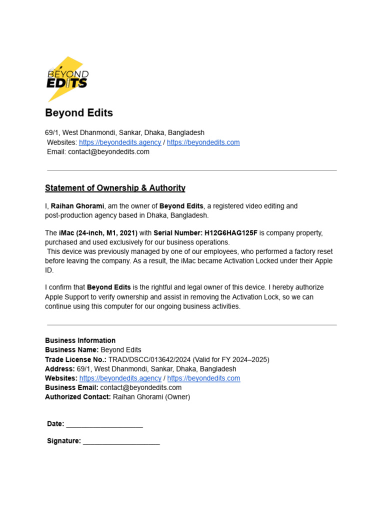 Statement of Ownership & Authority - Google Docs | PDF