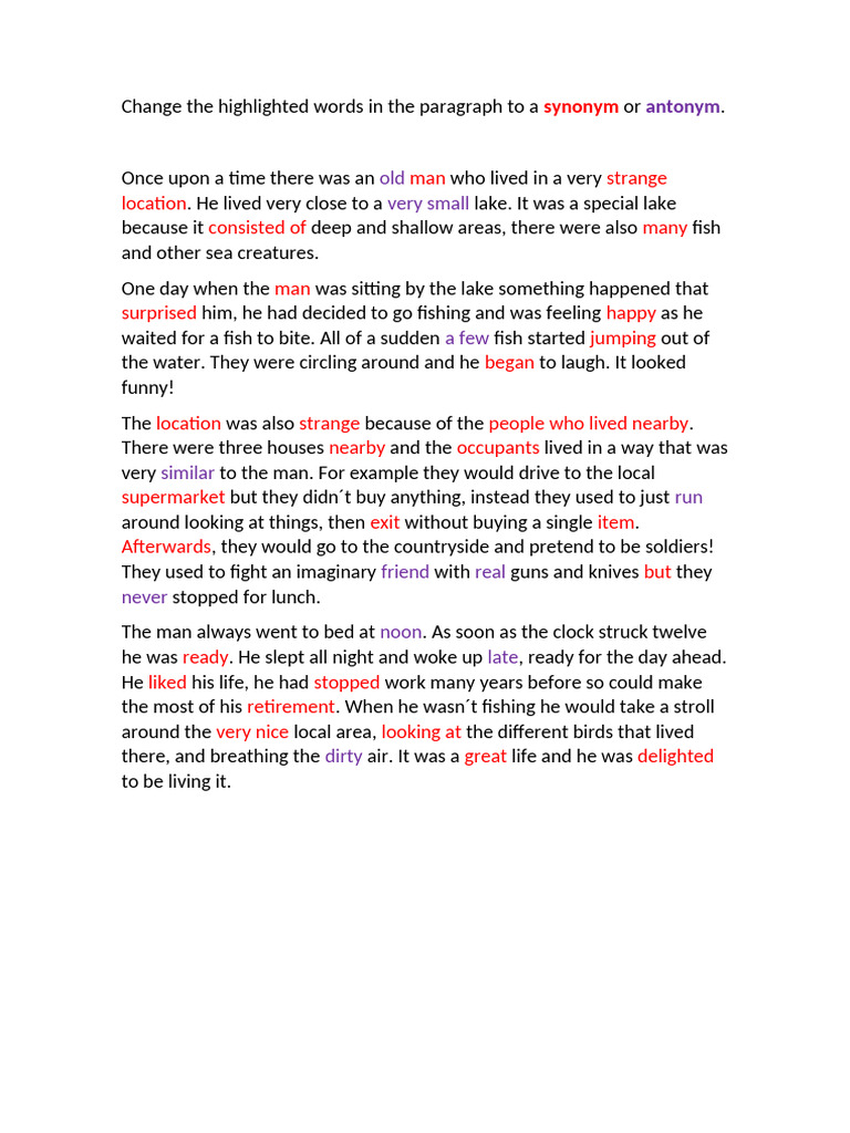 Synonyms and Antonyms Reading Comprehension Exercises TBL Task Based ...