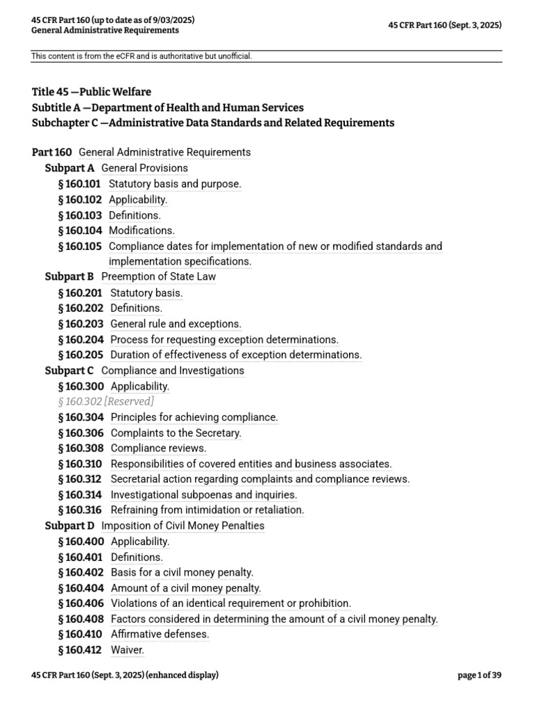 45 CFR Part 160 (Up To Date As of 9-03-2025) | PDF | Genetic Testing ...