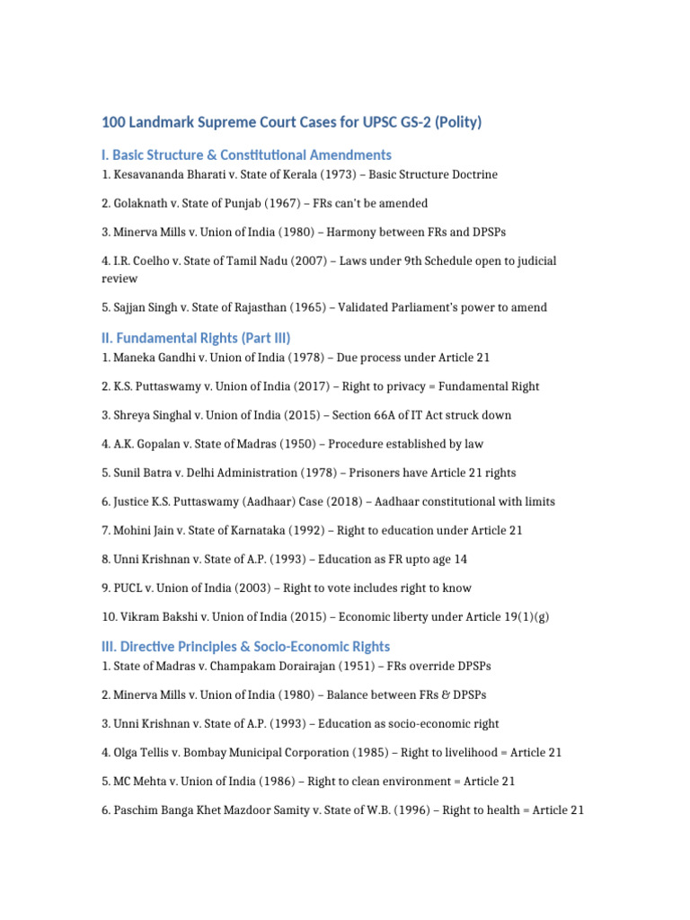 100 Supreme Court Cases UPSC GS2 Final | PDF | Justice | Crime & Violence