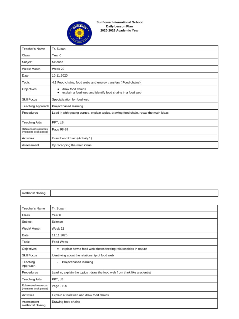 Week 22 Year 6 Science Daily Plan ( 10.11.2025 - 14.11.2025) | PDF ...