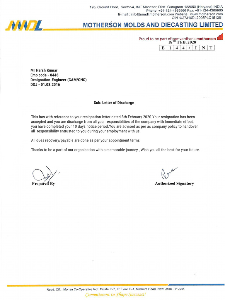 Employee Discharge Letter for Harsh Kumar | PDF
