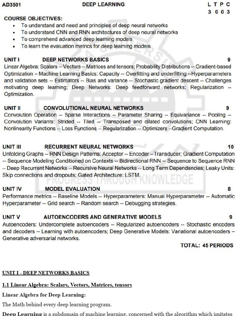 AD3501 - Deep Learning Unit - 1 Notes, Regulations 21 | PDF | Matrix ...