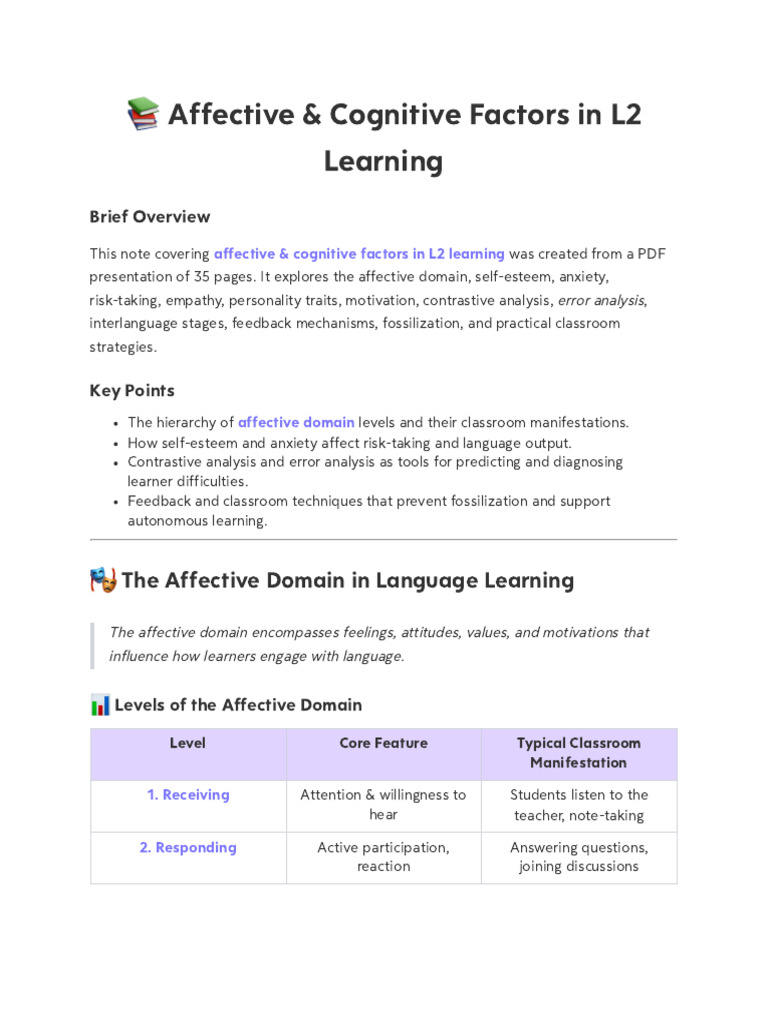 Affective and Cognitive Factors in L2 | PDF | Second Language | English ...