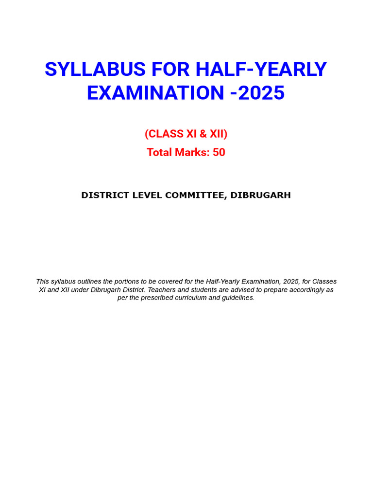 Modified and Final Syllabus For Half-Yearly Examination - 2025 (Class Xi & Xii) Dibrugarh | PDF ...