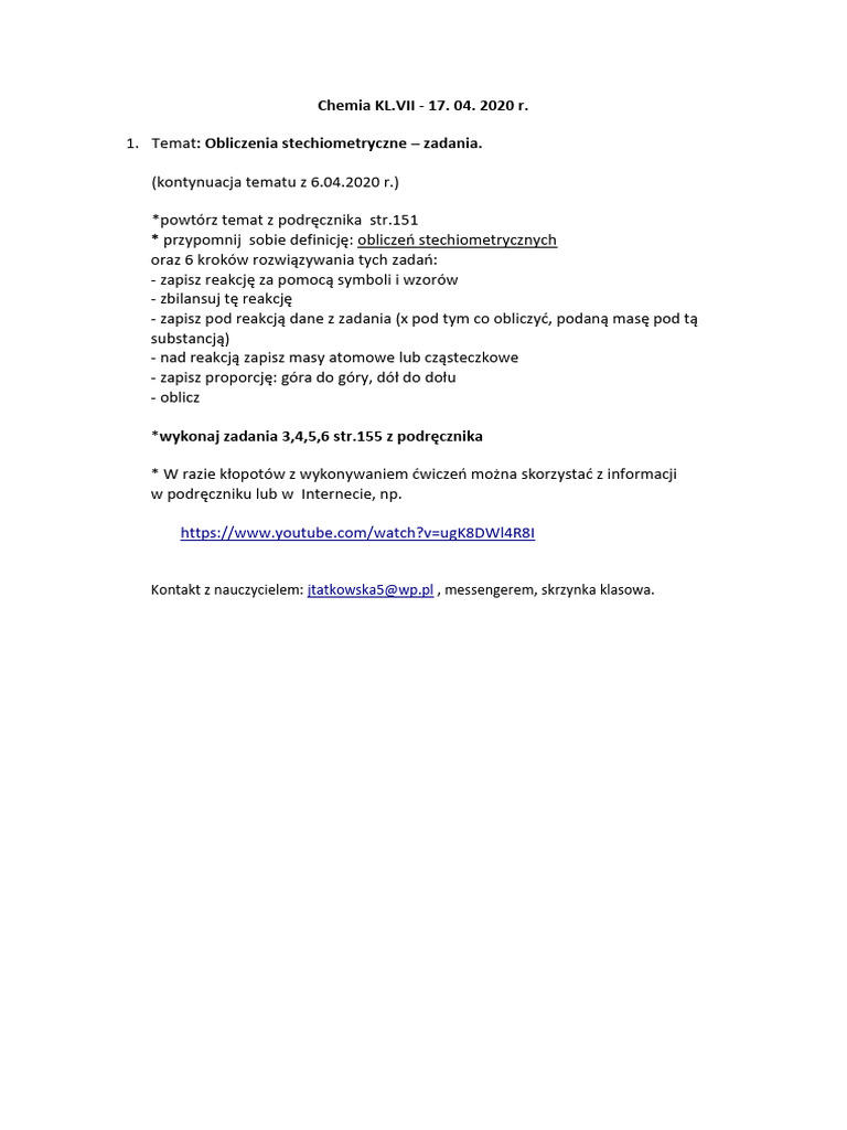Chemia Kl. 7 15-17.04.2020r. | PDF