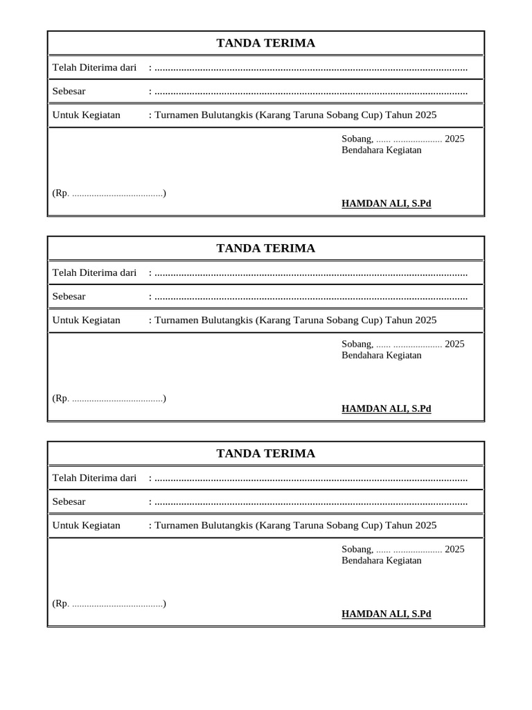 Tanda Terima Turnamen Bulutangkis 2025 | PDF