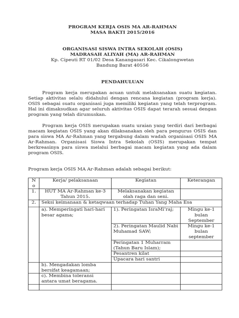Program Kerja OSIS MA Ar-Rahman 2015/2016 | PDF
