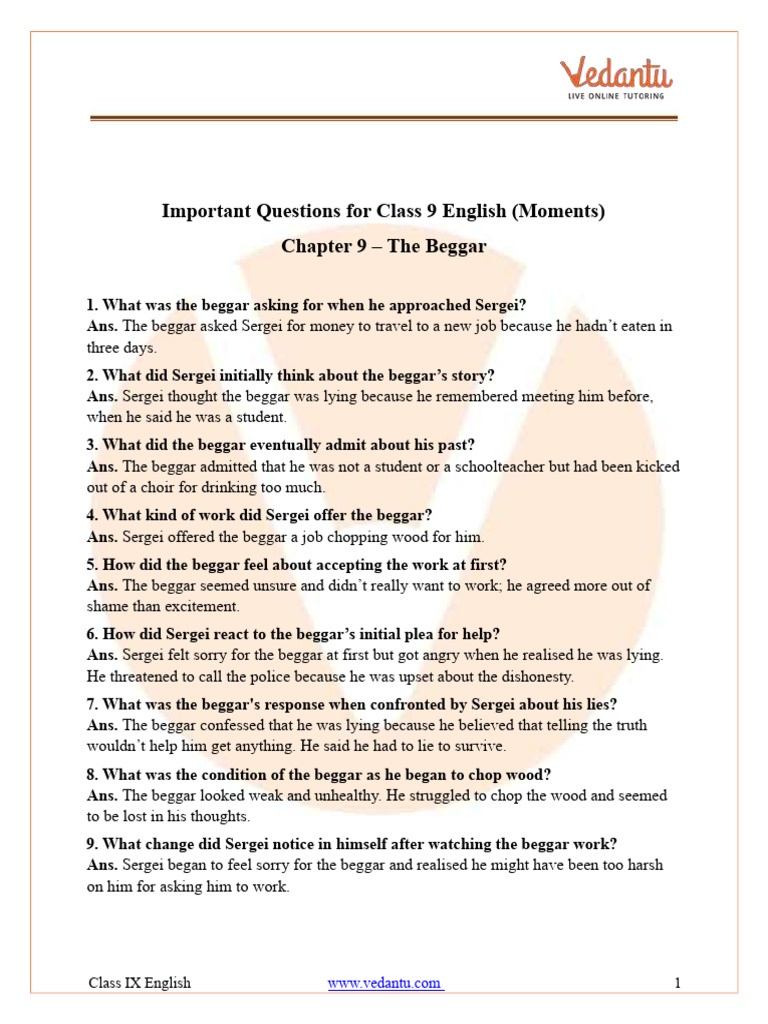 Important Class 9 English Questions: The Beggar | PDF | Psychology