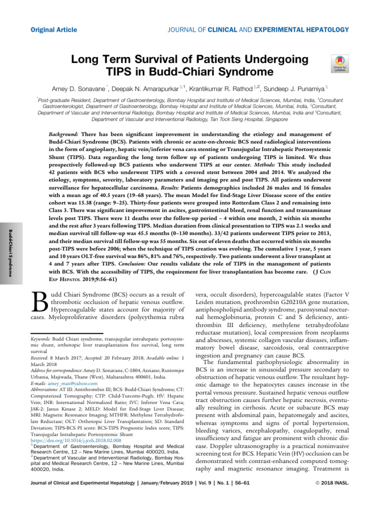 2019 JCEH TIPS in BCS Survival | PDF | Medical Specialties | Liver
