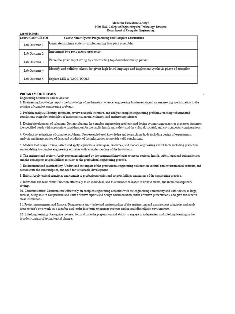 SPCC Lab Outcome | PDF | Engineering | Parsing