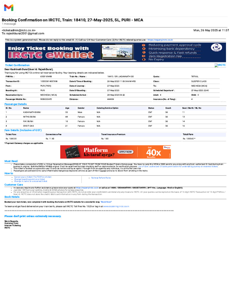 Gmail - Booking Confirmation on IRCTC, Train_ 18410, 27-May-2025, SL, PURI - MCA | PDF | Credit ...