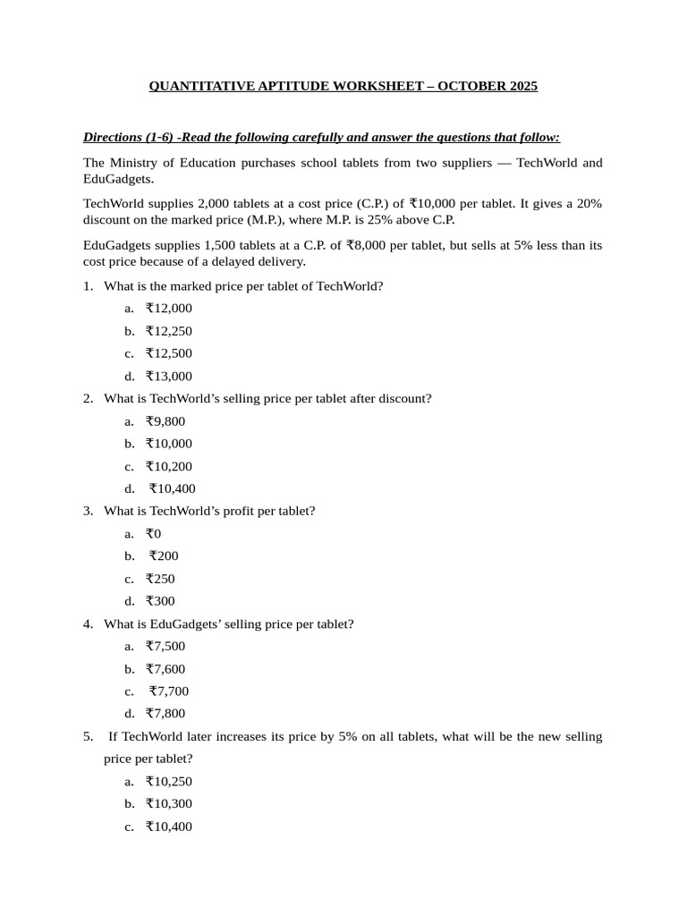 Quantitative Aptitude Worksheet - October 2025 | PDF | Prices