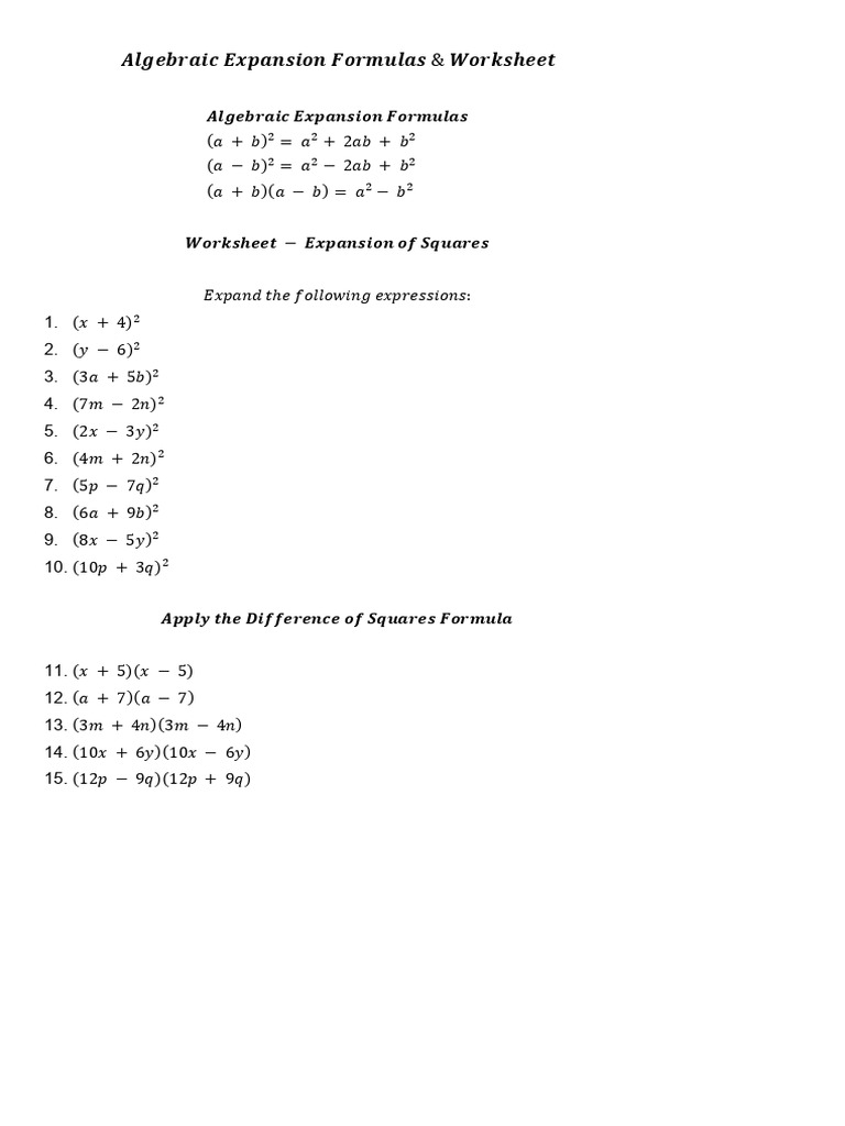 7th Algebraic Expansion Worksheet | PDF