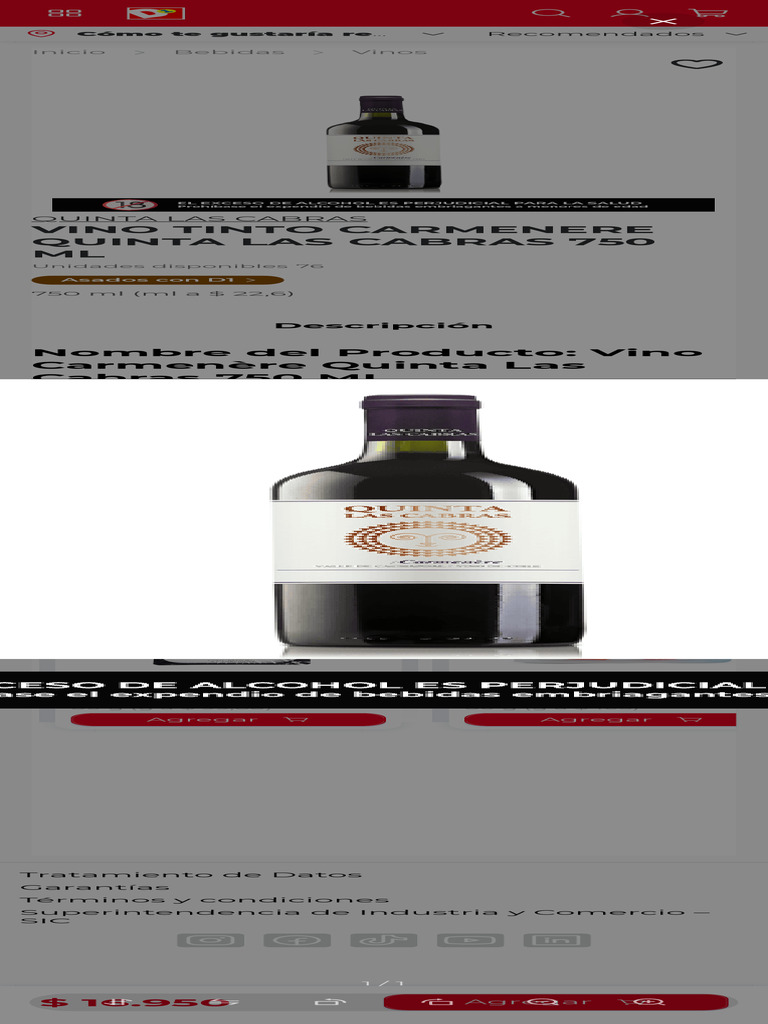 Vino Tinto Carmenere Quinta Las Cabras 750 ML d1 | PDF