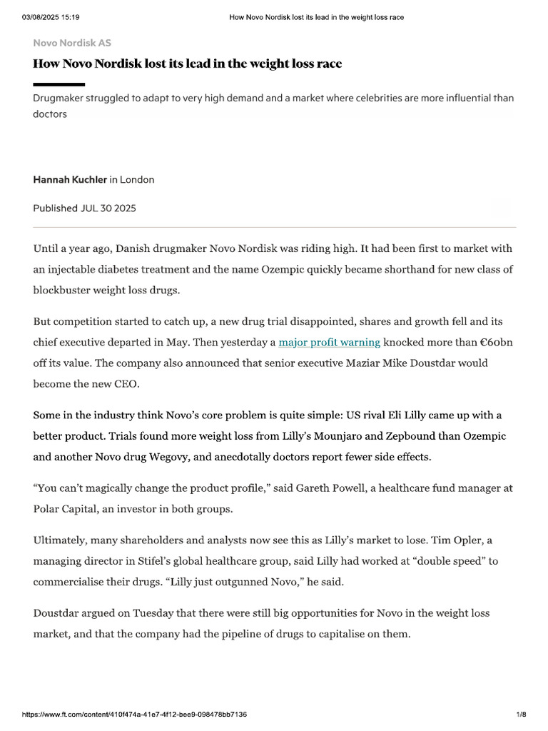 25-07-30 FT How Novo Nordisk Lost Its Lead in The Weight Loss Race | PDF
