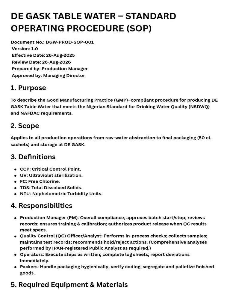 DE GASK Table Water SOP Compliance Guide | PDF | Filtration | Chlorine