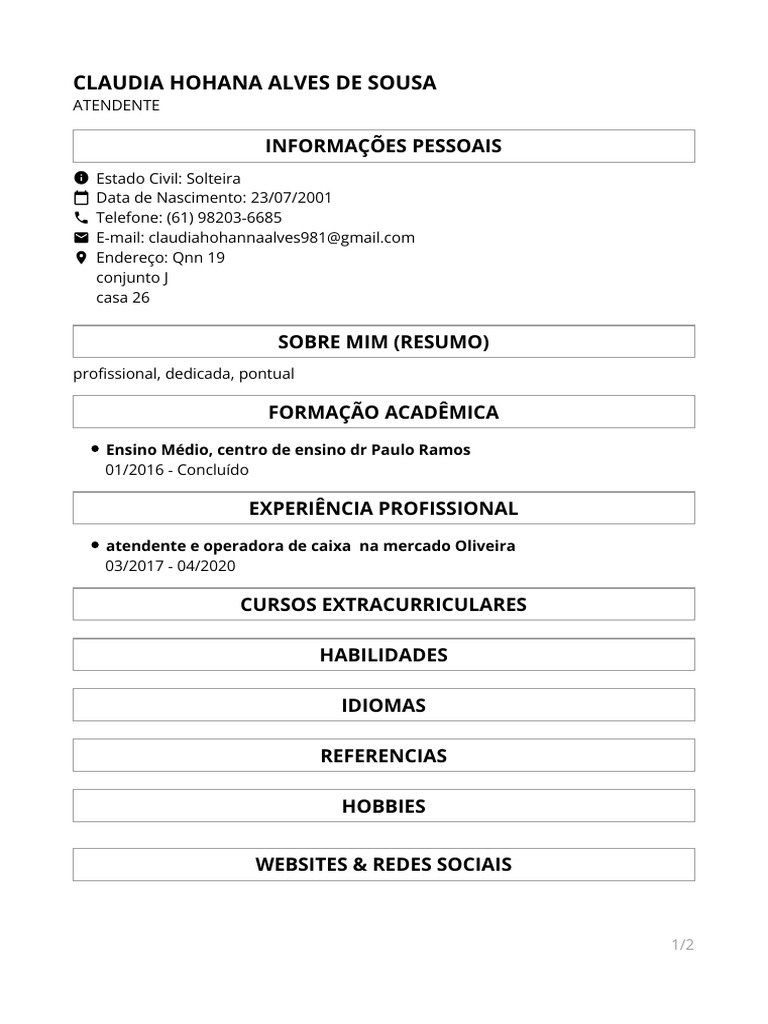 Currículo - Claudia hohana Alves de Sousa | PDF