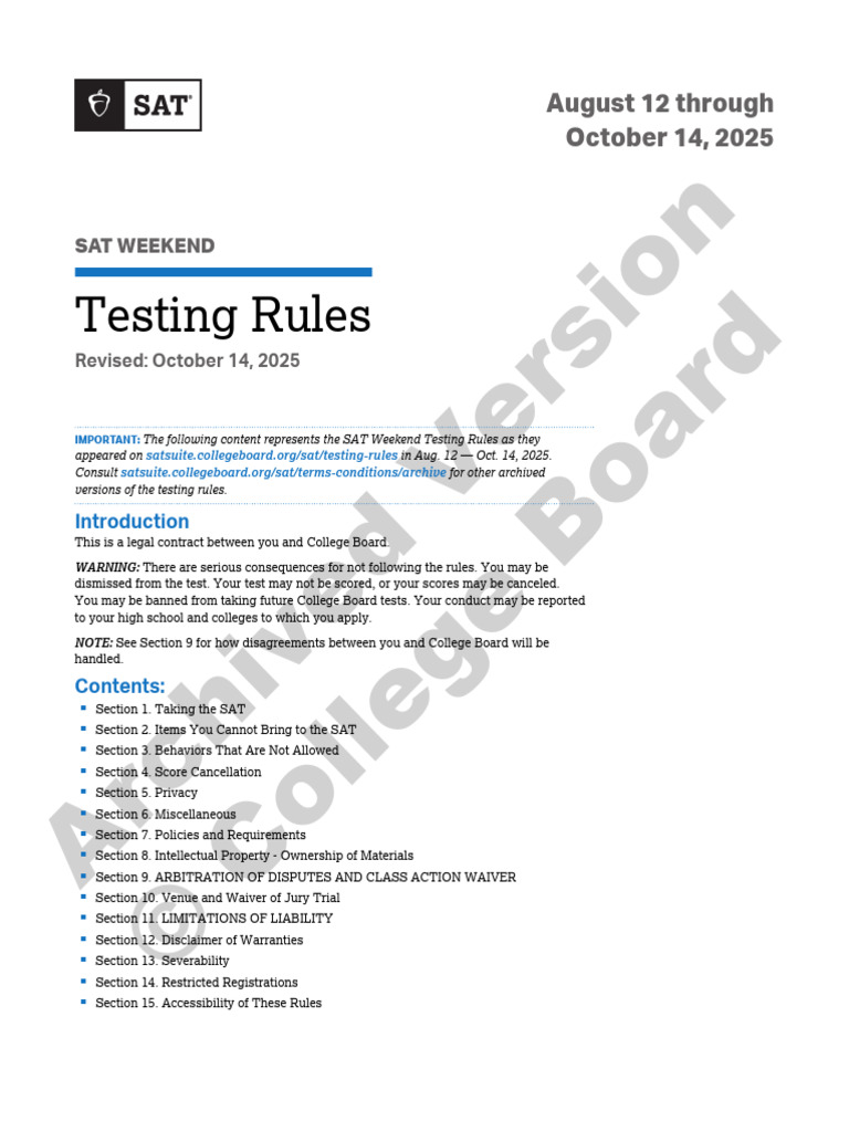 SAT Weekend Testing Rules 2025 | PDF | Arbitration | Sat