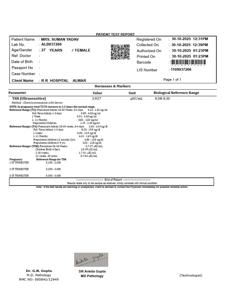 Mrs_SUMAN_YADAV_30_10_2025_01_23_28_PM | PDF | Thyroid Stimulating Hormone | Health Sciences