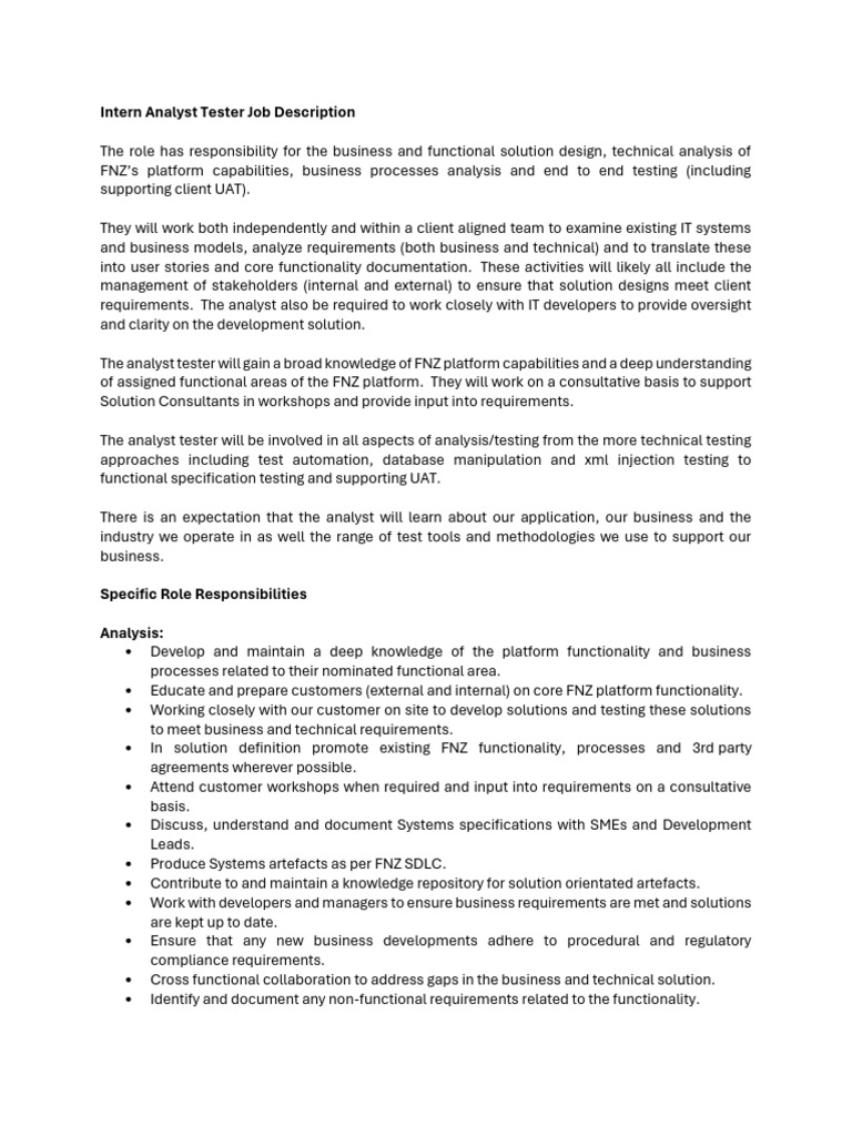 Intern Analyst Tester Job Description | PDF | Recruitment | Business ...